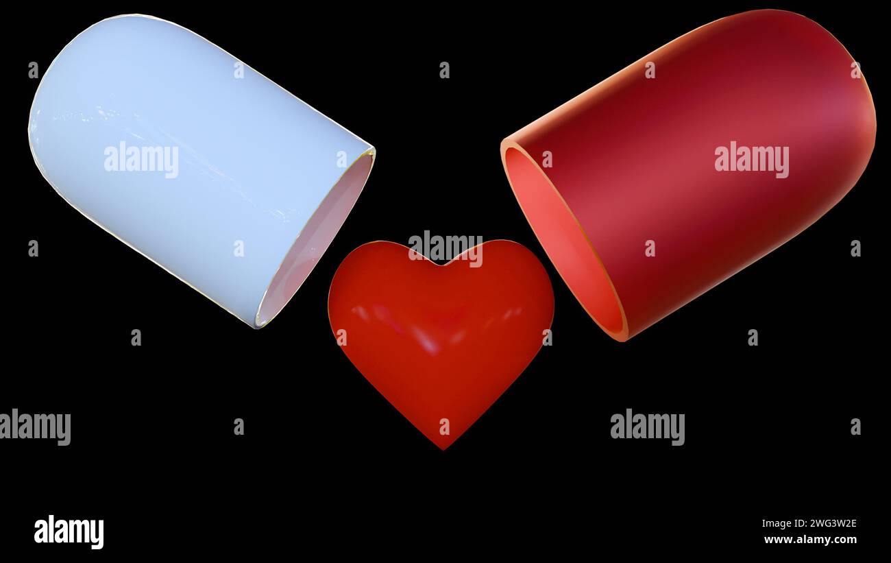 3d rendering of red heart shape objects inside of drug capsule Stock ...