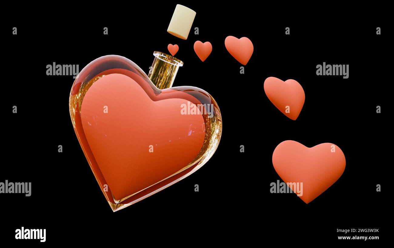 3d rendering of love poison in red heart-shaped bottle containing a red ...