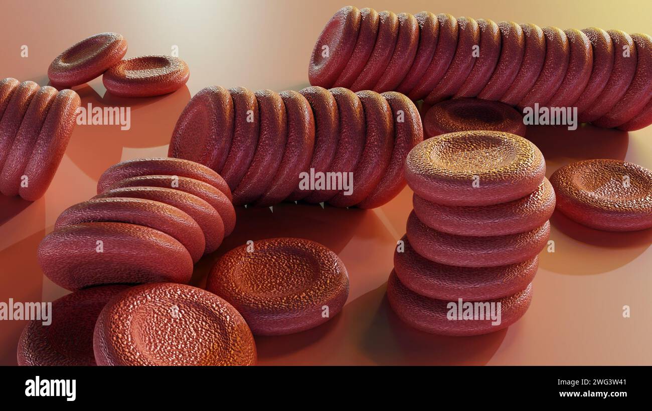 3d rendering of rouleaux, these are stacks or aggregations of red blood ...