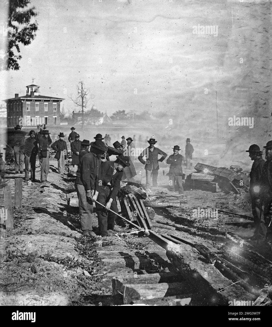 General Sherman's men destroying railroad in Atlanta Georgia during the ...