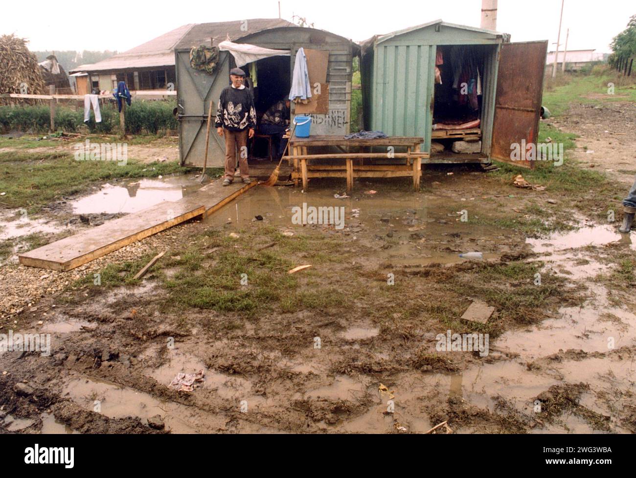 Living quarters for workers on a construction site in Romania, approx ...