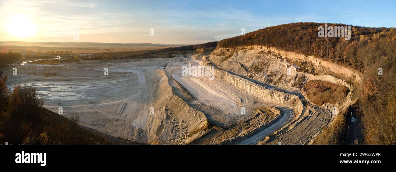 Aerial view of open pit mining site of limestone materials for ...