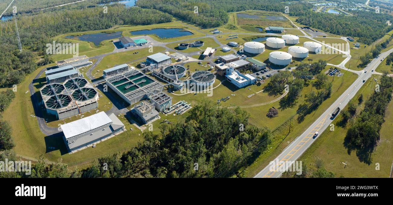 Aerial view of water treatment factory at city wastewater cleaning ...