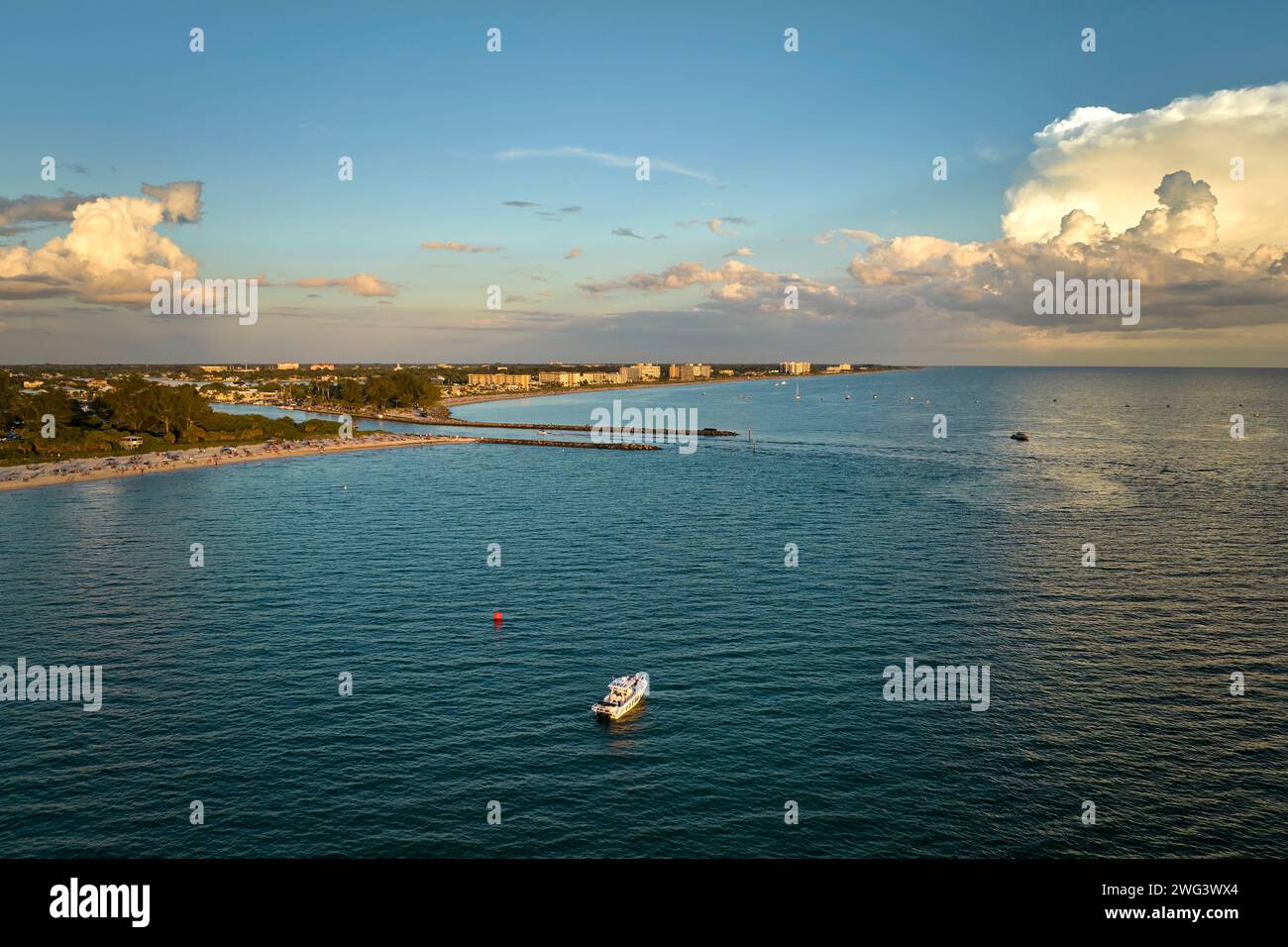 Aerial view of sea shore near Venice, Florida with white yachts at ...