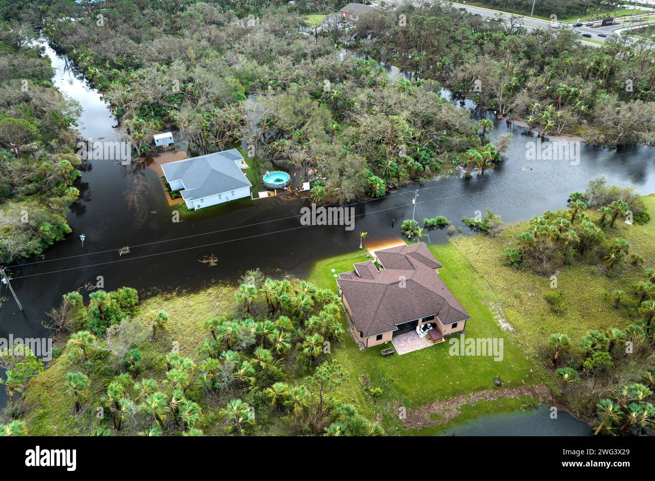 Aftermath of natural disaster. Surrounded by hurricane Ian rainfall ...
