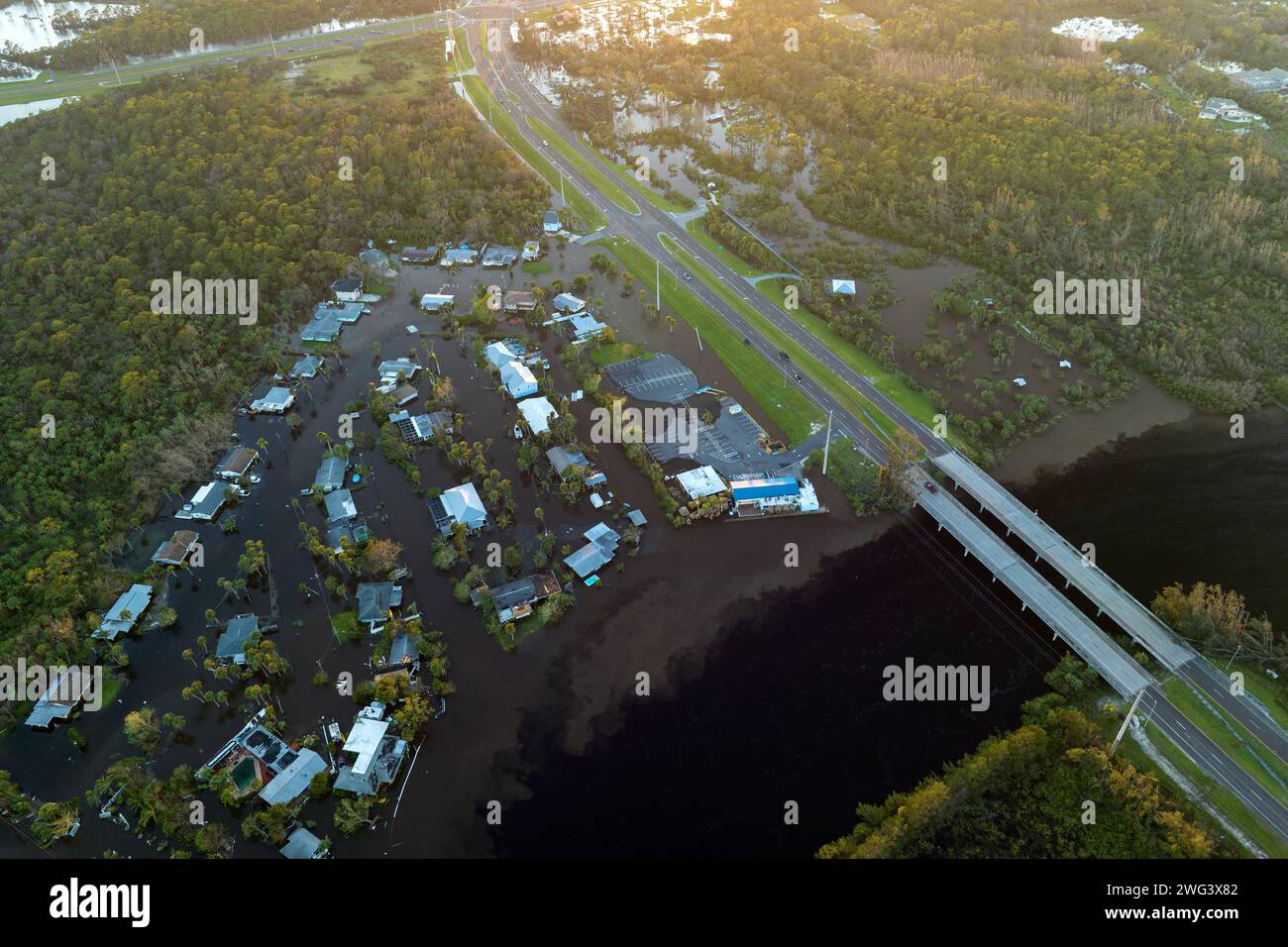 Consequences of natural disaster. Heavy flood with high water ...