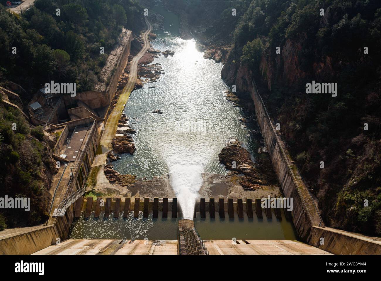 The stream of water coming out of the dam is seen at the Sau water ...
