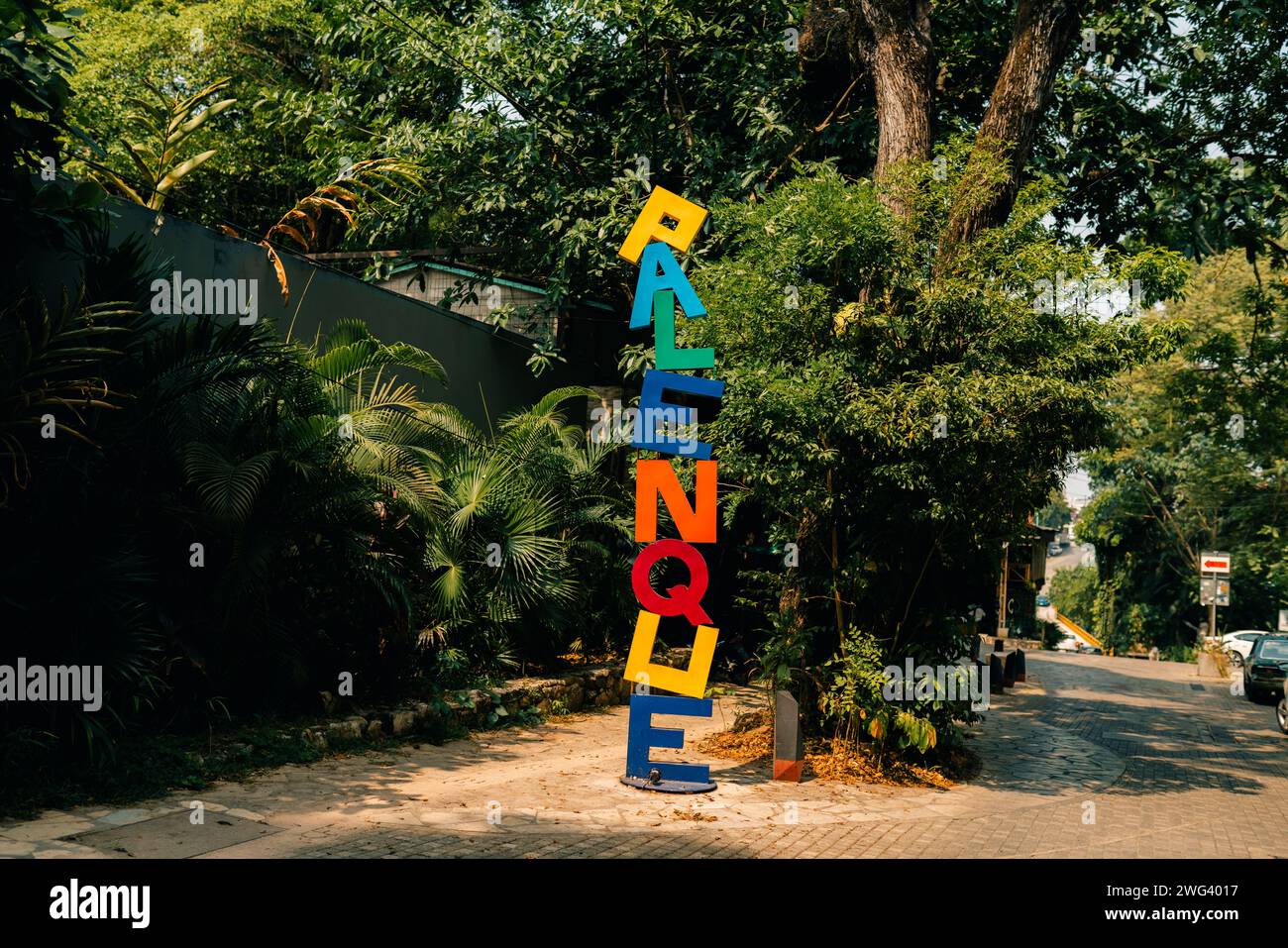 PALENQUE, MEXICO - April 1, 2023 Colorful letters statue with Palenque ...