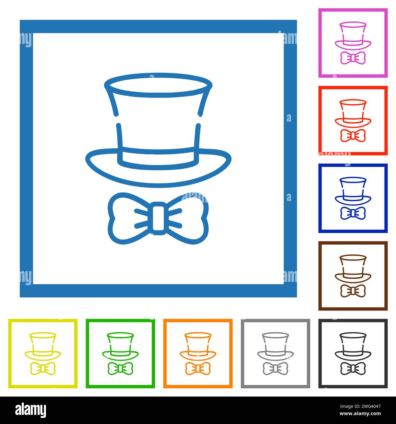 Top hat and bow tie outline flat color icons in square frames on white ...