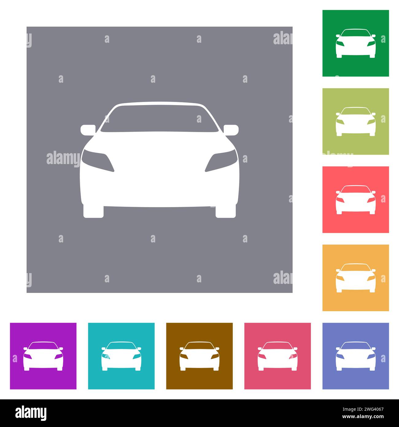 Sports car front view flat icons on simple color square backgrounds ...