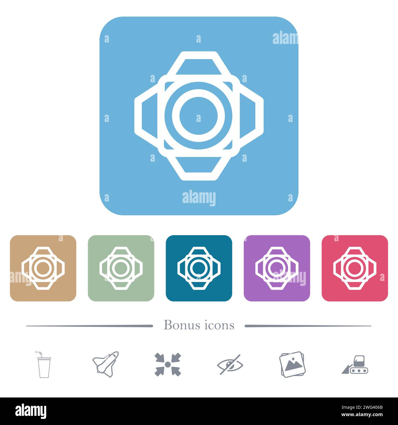 Spotlight studio reflector front view outline white flat icons on color ...