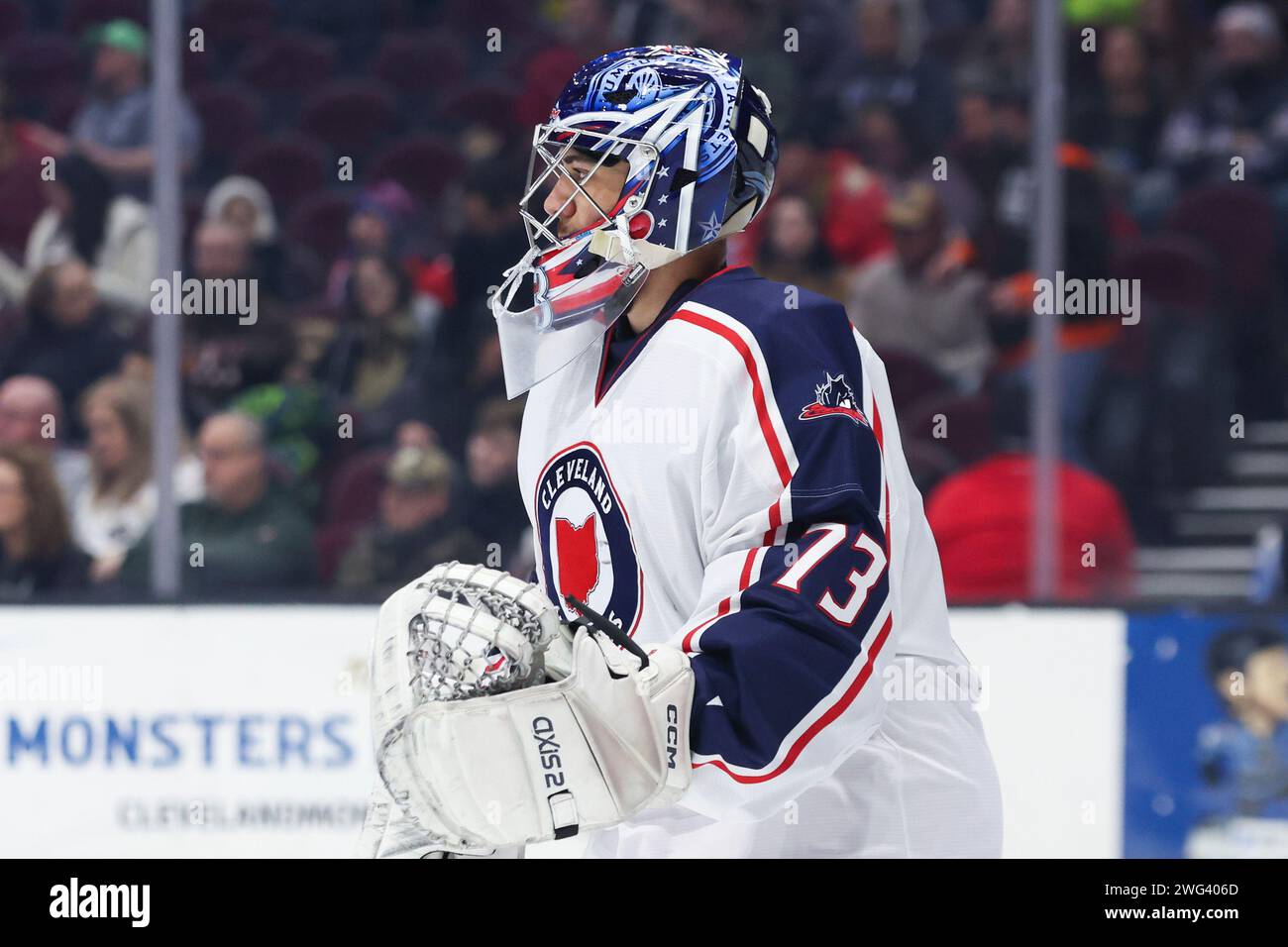 CLEVELAND, OH - FEBRUARY 02: Cleveland Monsters goalie Jet Greaves (73 ...