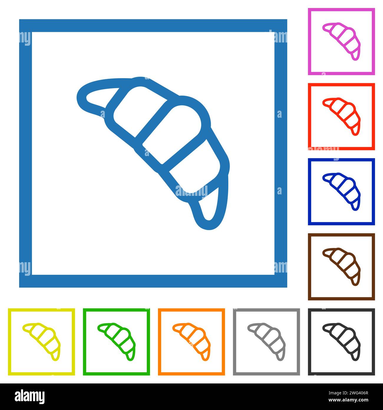 Croissant outline flat color icons in square frames on white background ...