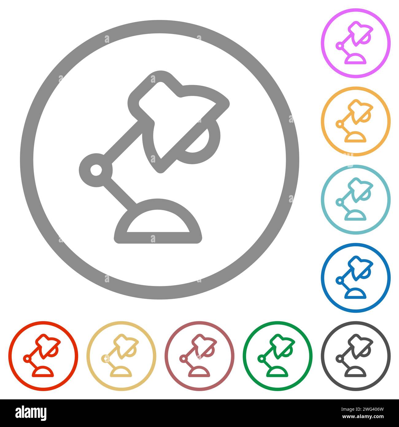 Desk lamp outline flat color icons in round outlines on white ...