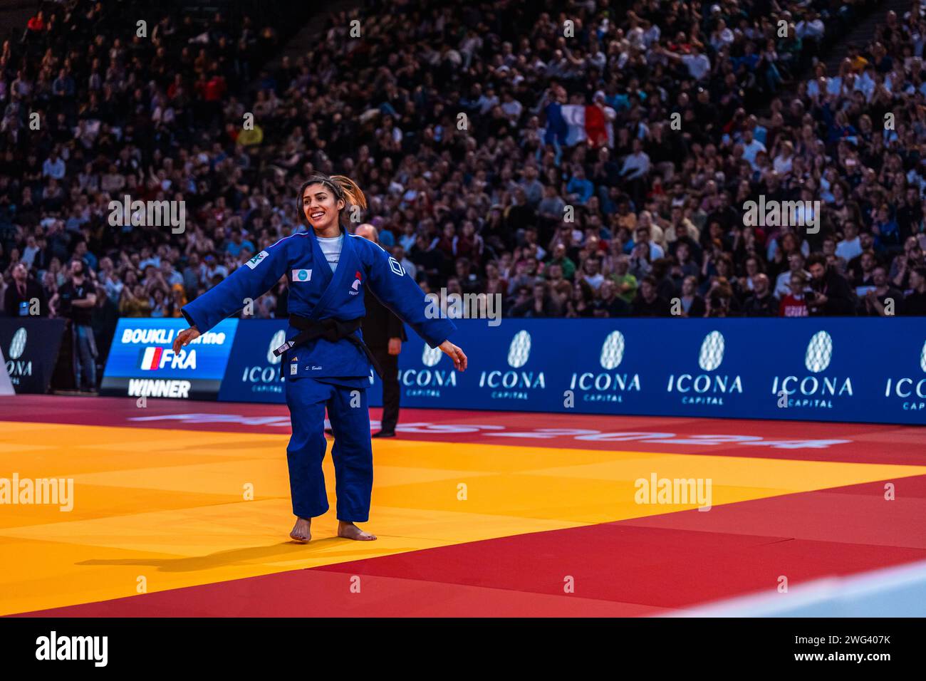 Shirine BOUKLI celebrating the victory in the Women Final -48Kg, during the Paris Grand Slam ...