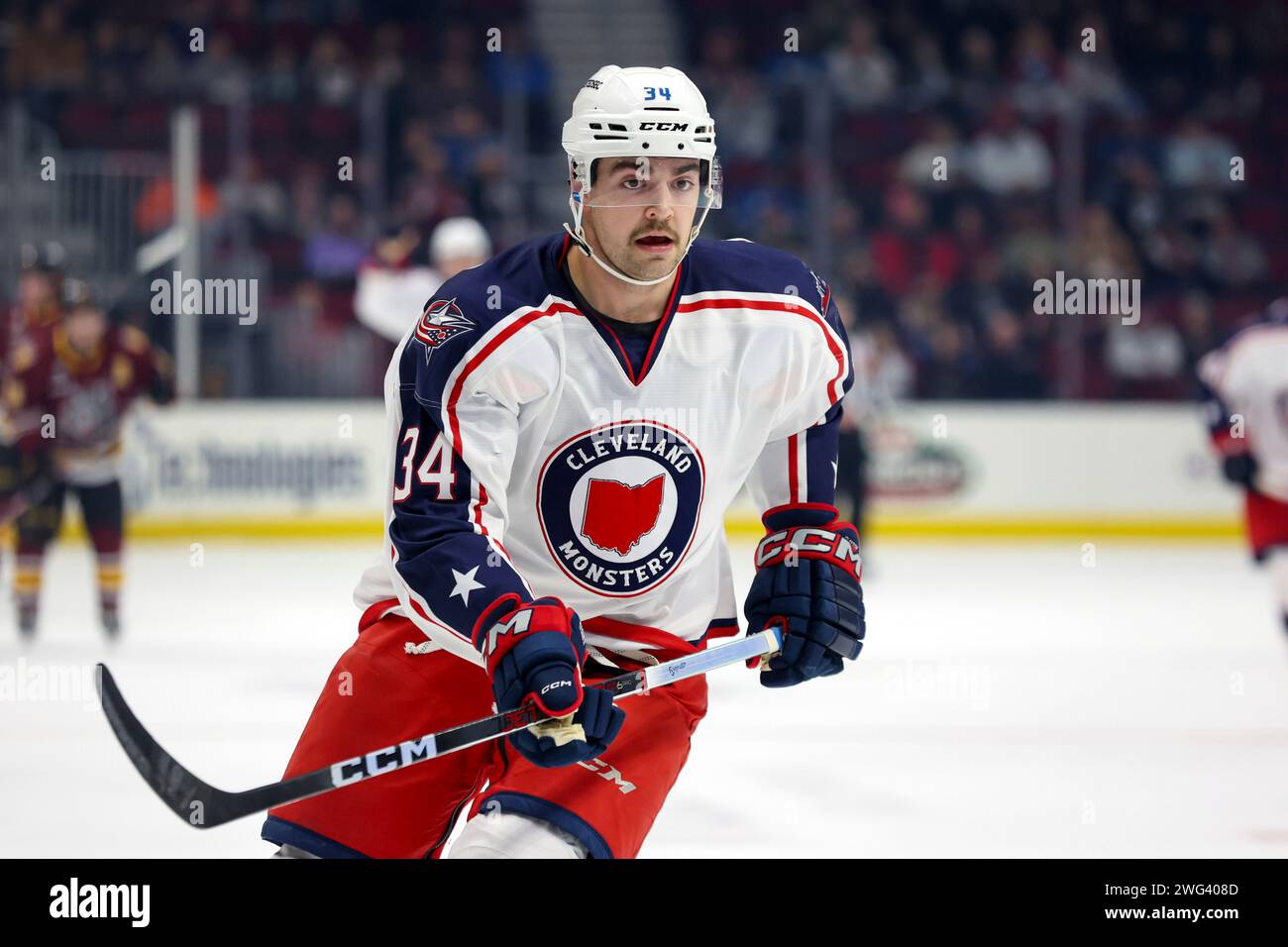 CLEVELAND, OH - FEBRUARY 02: Cleveland Monsters defenceman Cole Clayton ...
