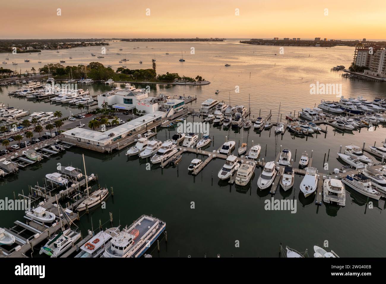 Sarasota, Florida at sunset. Luxury yachts docked in Sarasota Bay ...