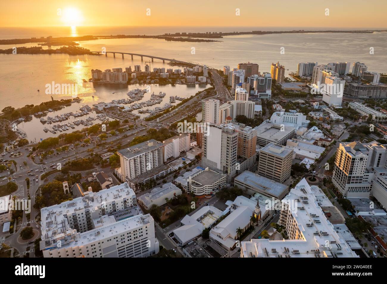 Sarasota, Florida at sunset. Luxury yachts docked in Sarasota Bay ...