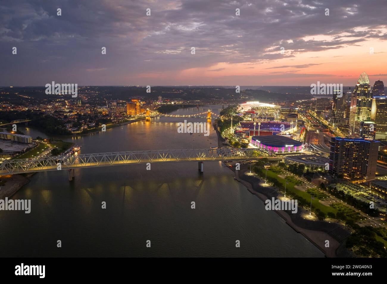 Highway traffic with driving cars on bridge in downtown district of ...