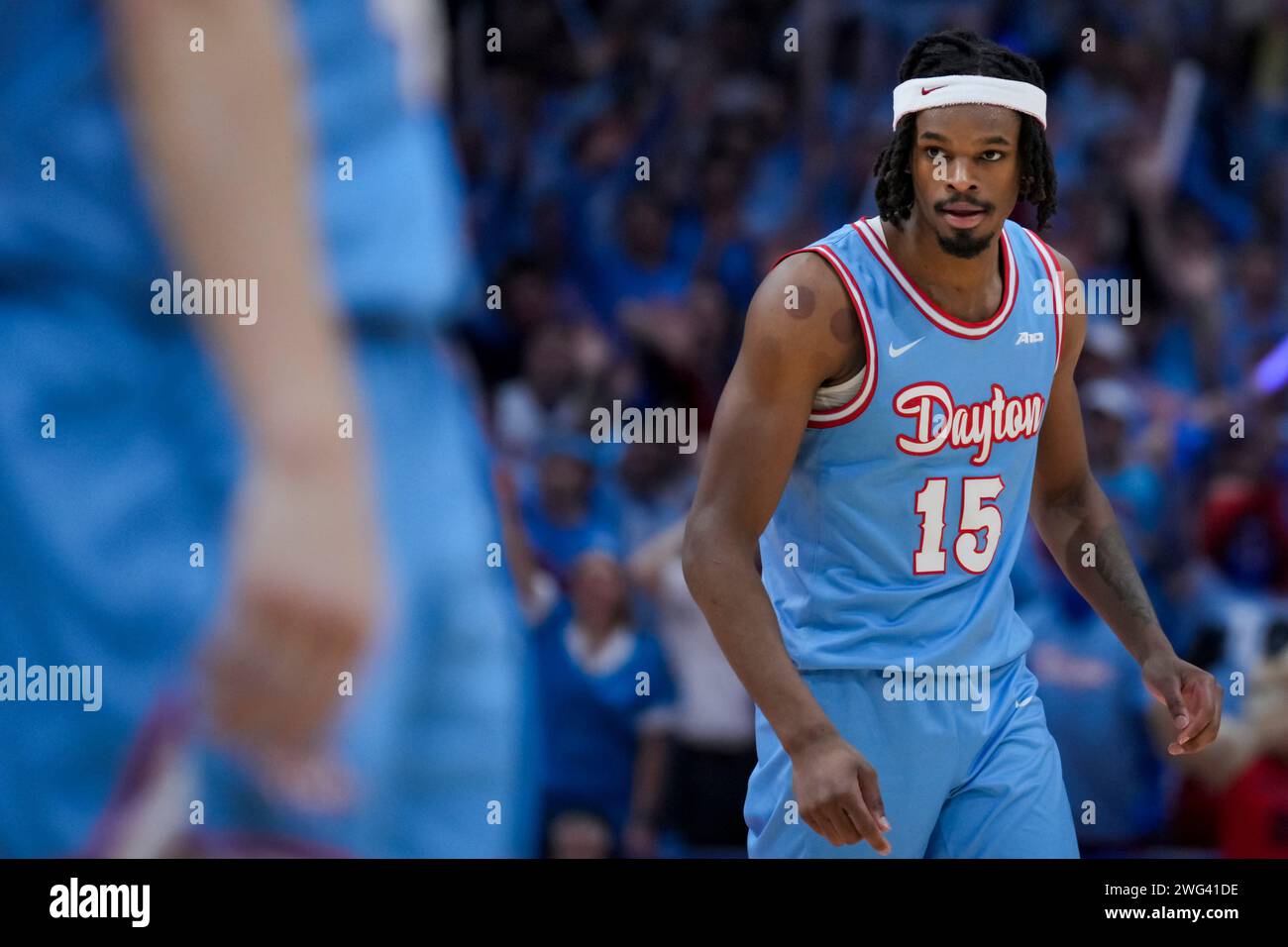 Dayton forward DaRon Holmes II (15) reacts as he stands on the court ...