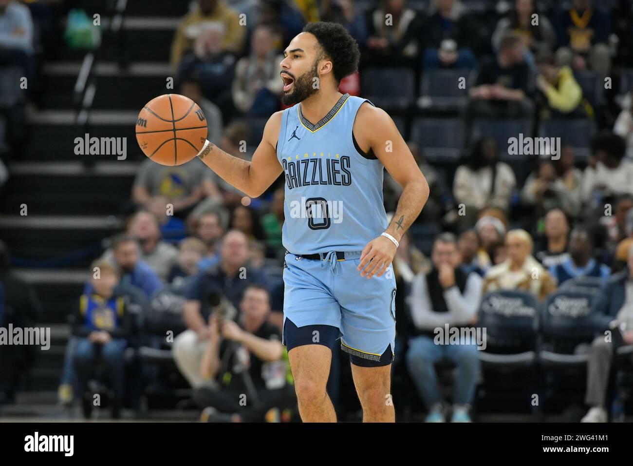 Memphis Grizzlies guard Jacob Gilyard (0) plays in the first half of an ...