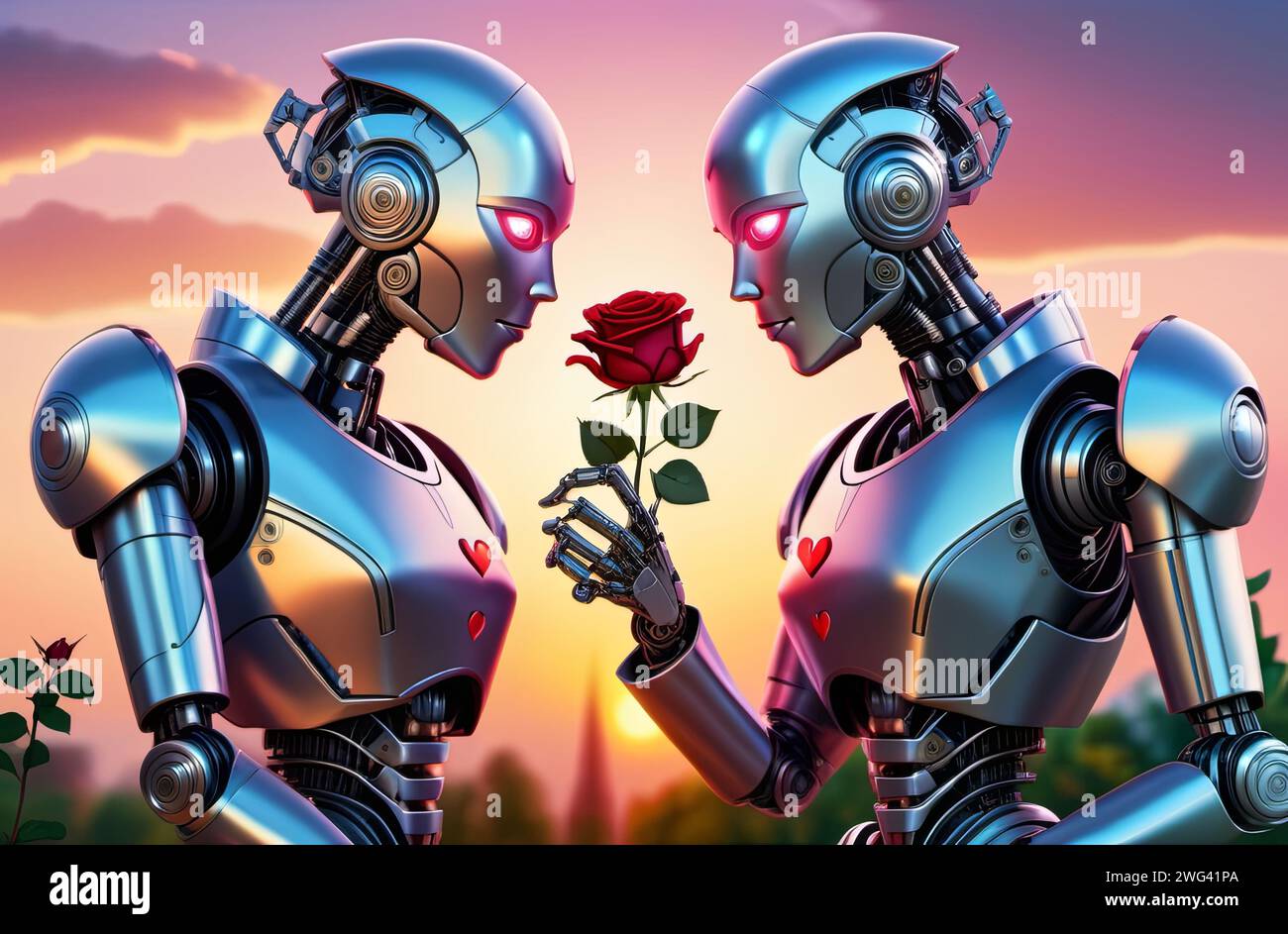 In Love Robots with flowers against the background of sunset. Valentine ...