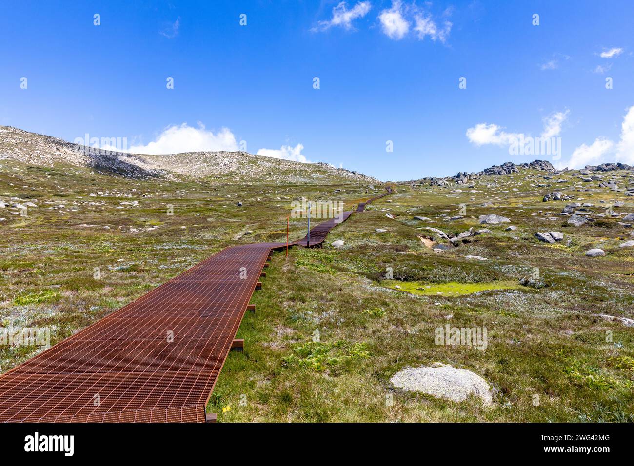Kosciusko national park in Australia, steel walking track leading to summit of Mt Kosciusko ...