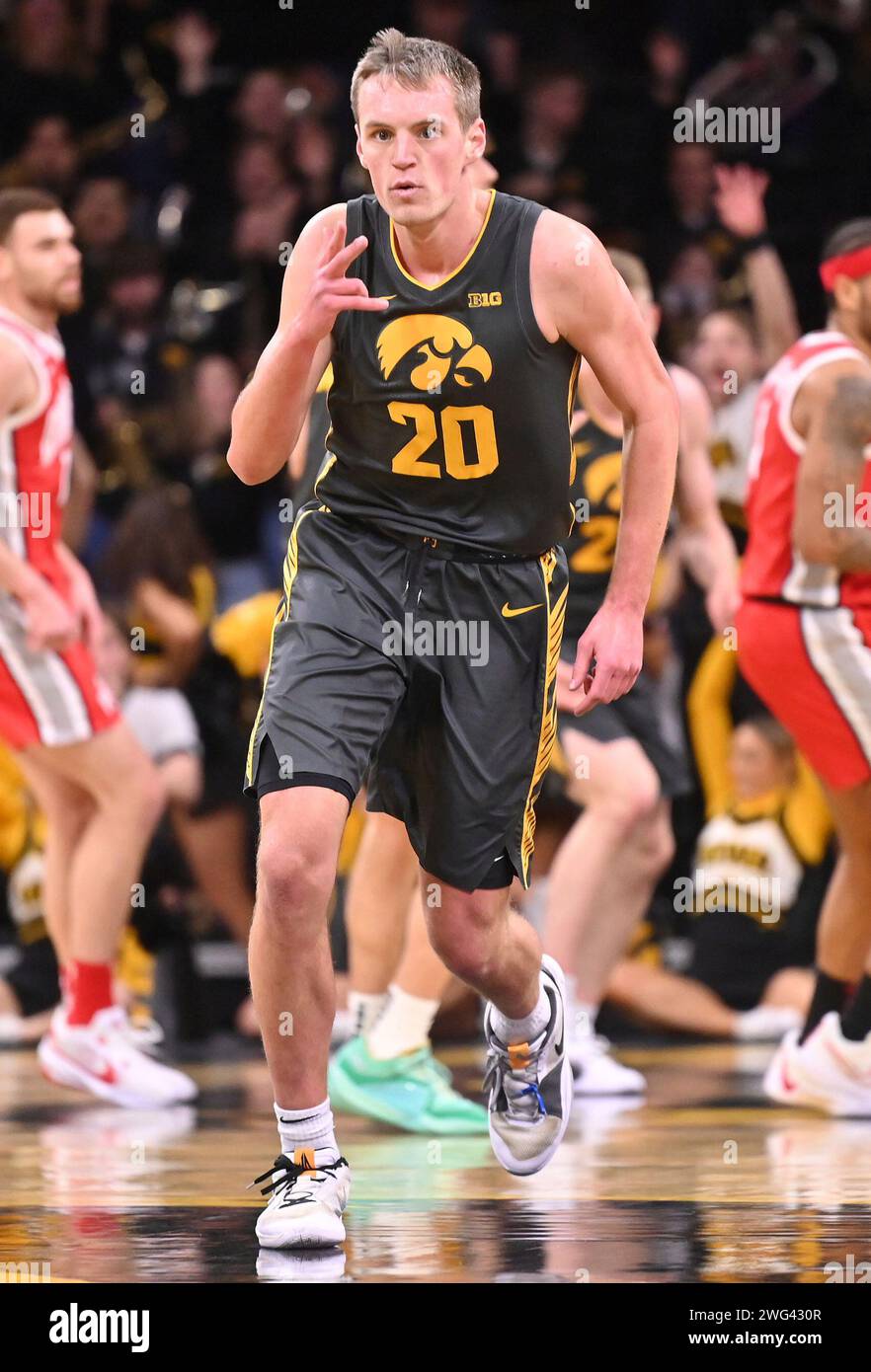 IOWA CITY, IA - FEBRUARY 02: Iowa forward Payton Sanford (20) reacts ...
