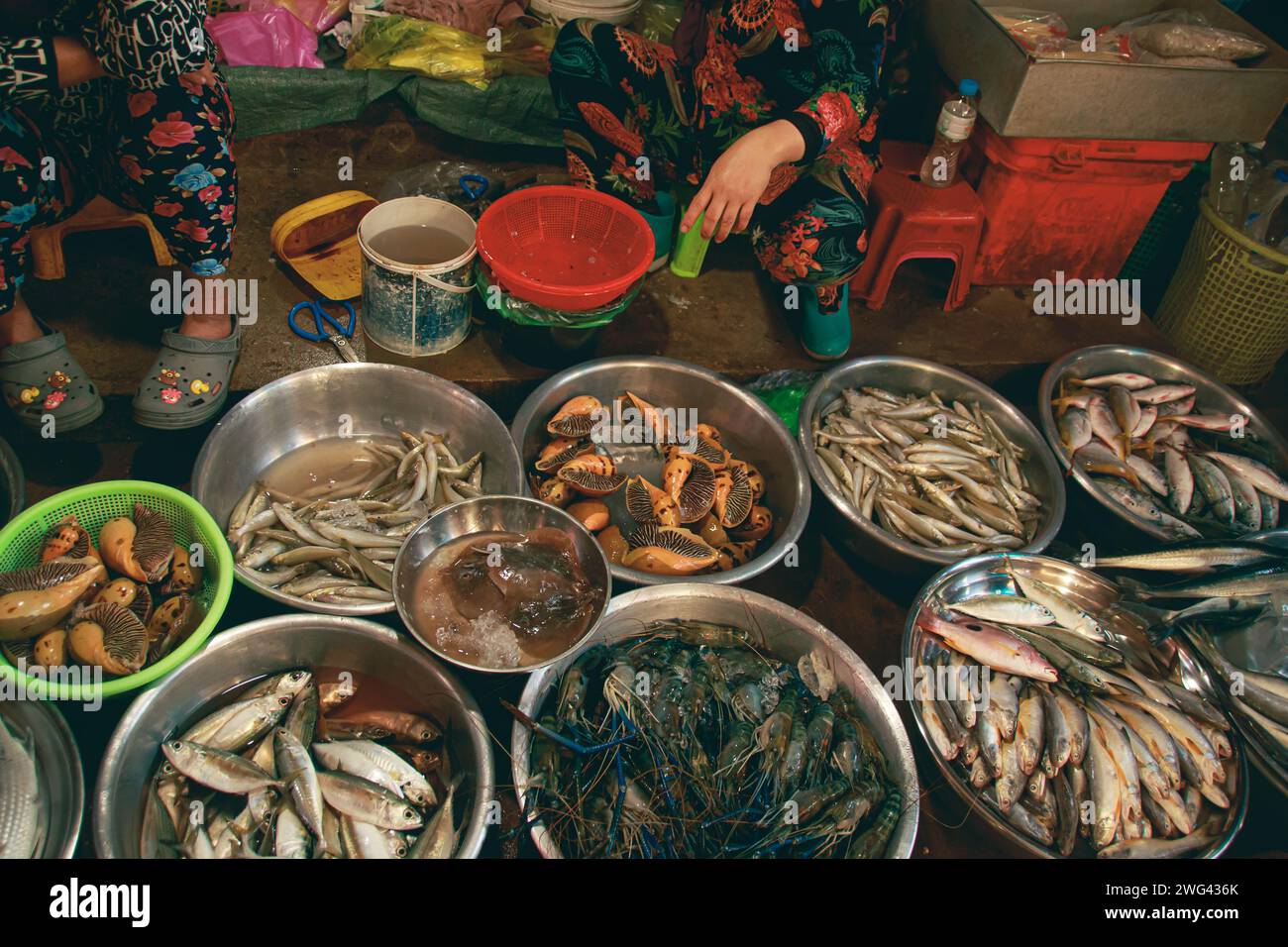 Overhead view of two vendor selling fresh seafood in the local ...