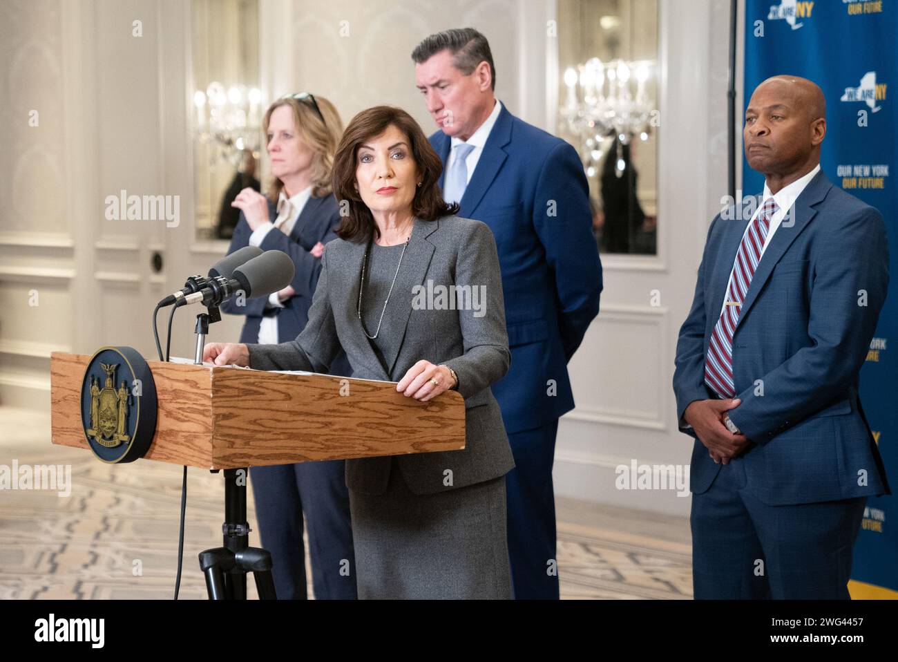 New York, USA. 02nd Feb, 2024. Governor Kathy Hochul speaks to press ...