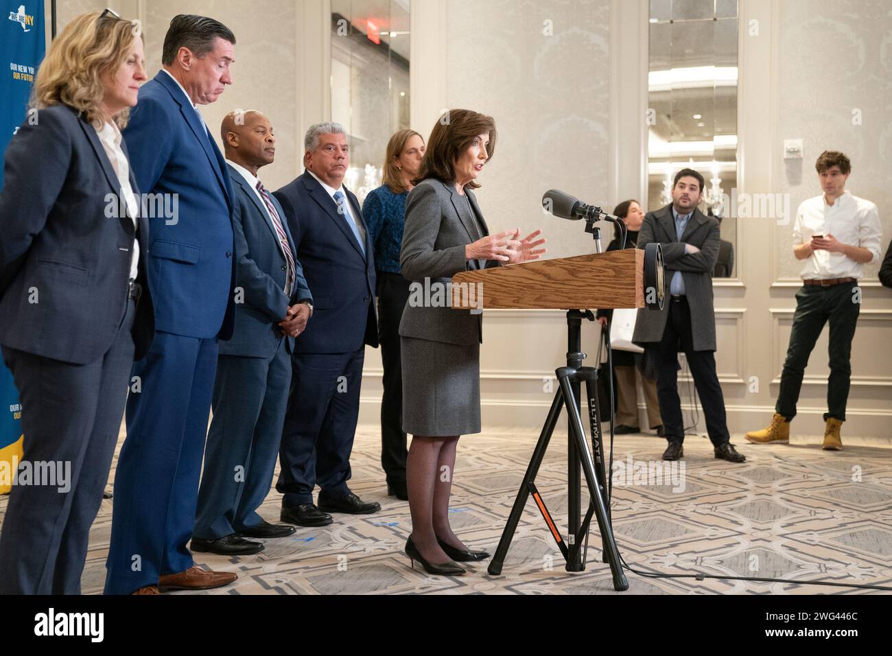 New York, USA. 02nd Feb, 2024. Governor Kathy Hochul speaks to press ...