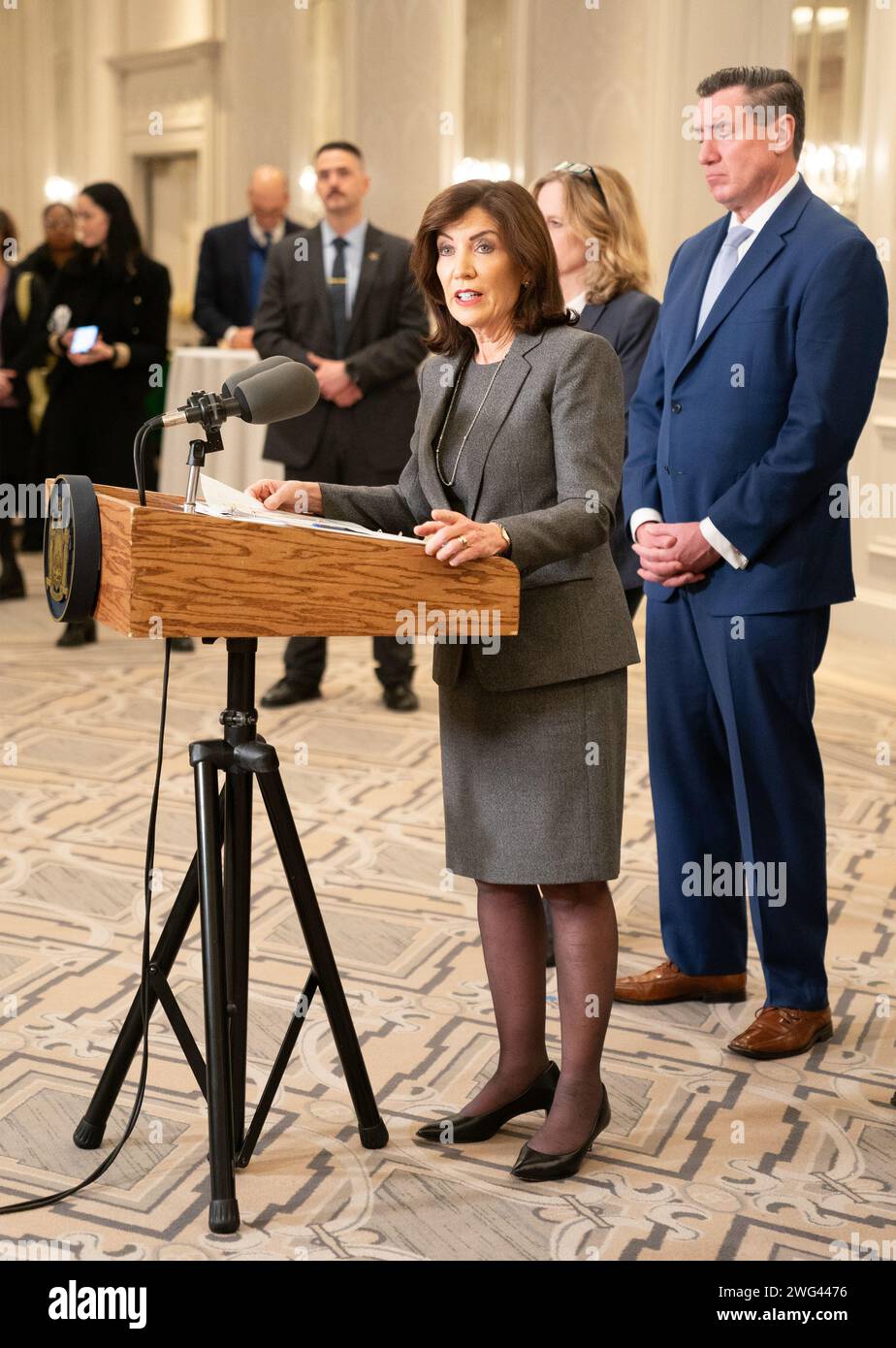 New York, USA. 02nd Feb, 2024. Governor Kathy Hochul speaks to press ...