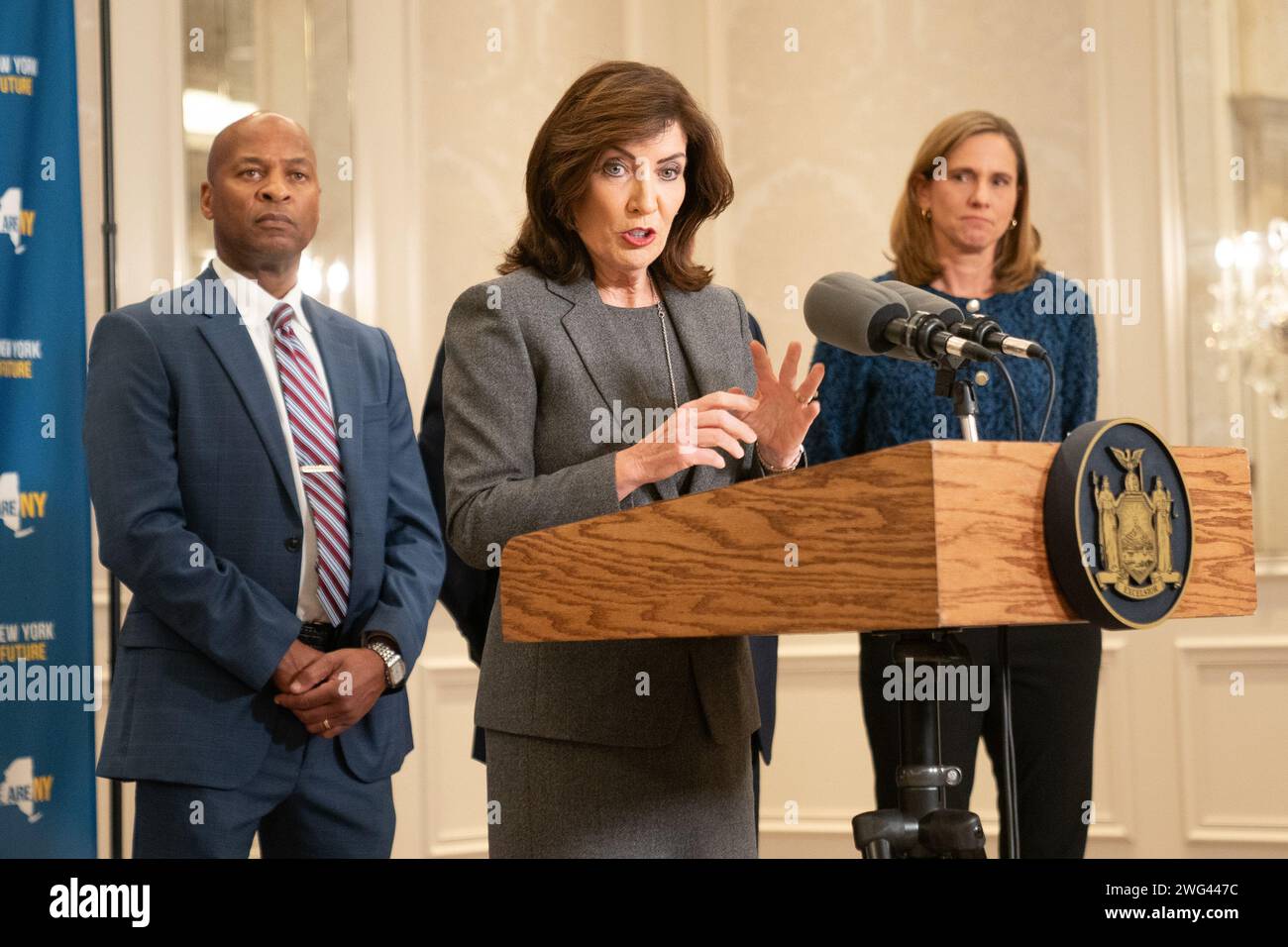 New York, USA. 02nd Feb, 2024. Governor Kathy Hochul speaks to press ...