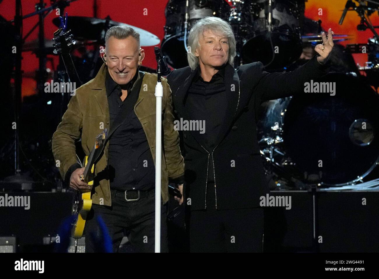Bruce Springsteen, left, and Jon Bon Jovi perform during MusiCares ...