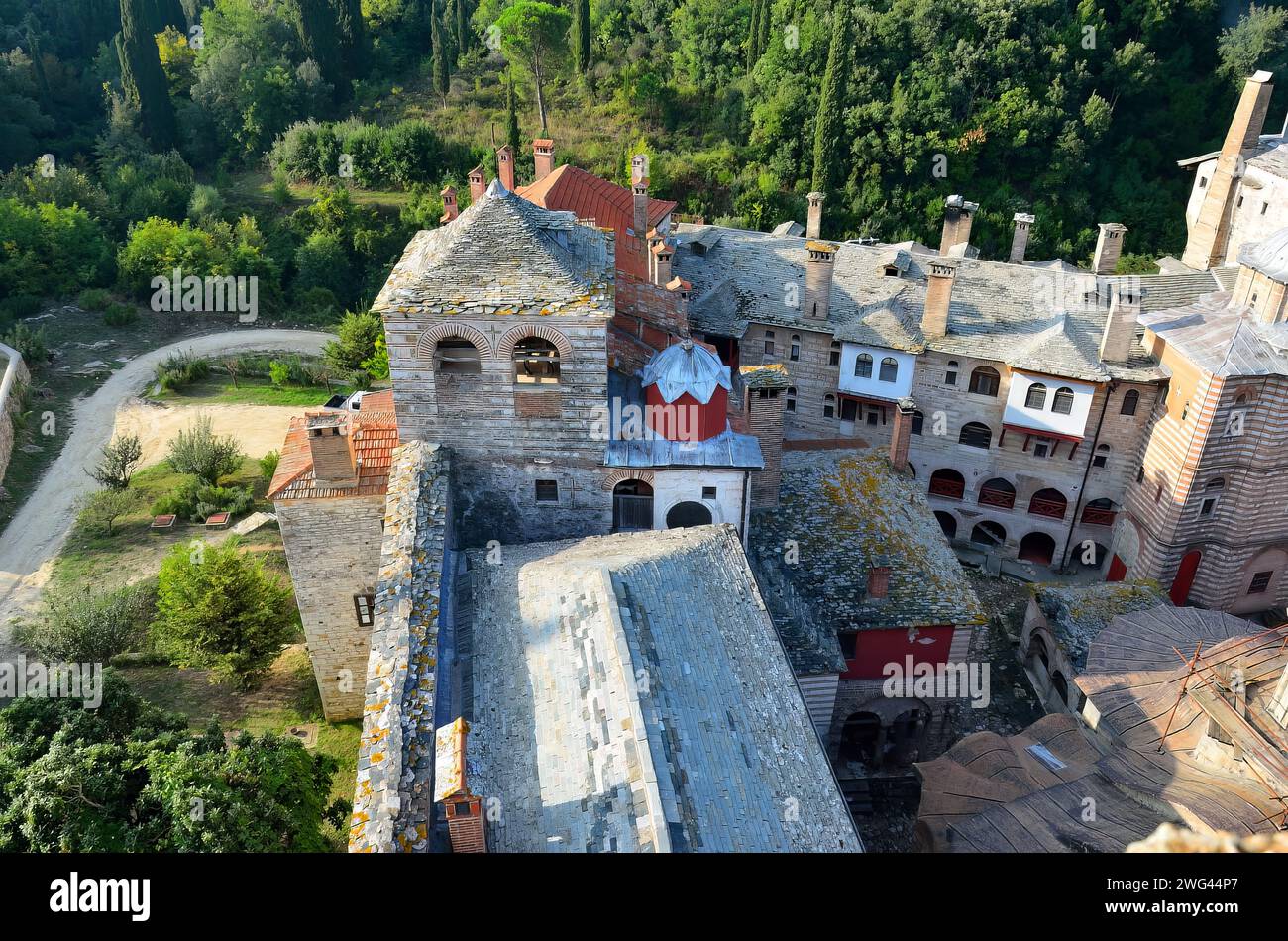 Aerial view of the Hilandar monastery, Mount Athos, Greece Stock Photo ...