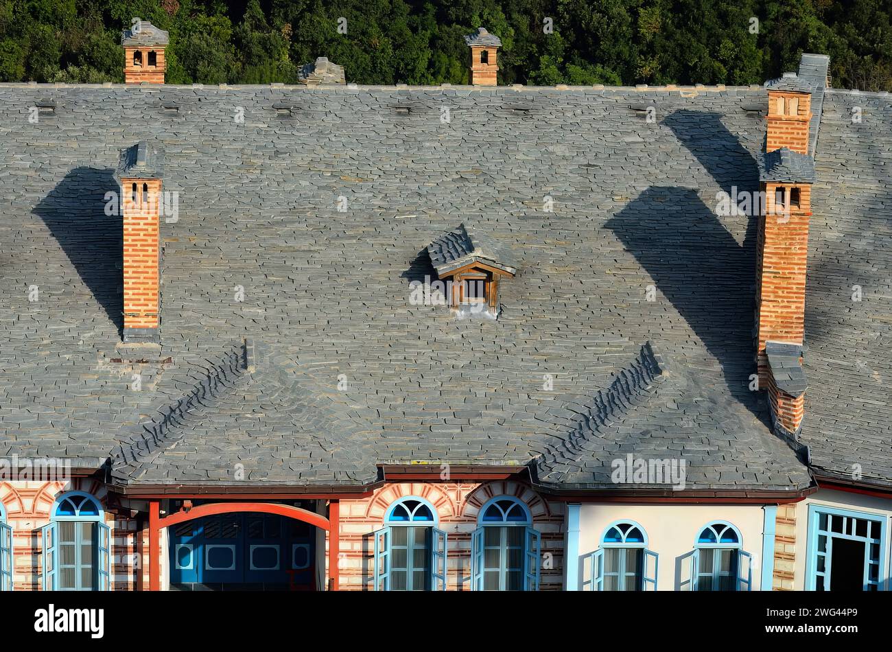 Aerial view of the Hilandar monastery, Mount Athos, Greece Stock Photo ...