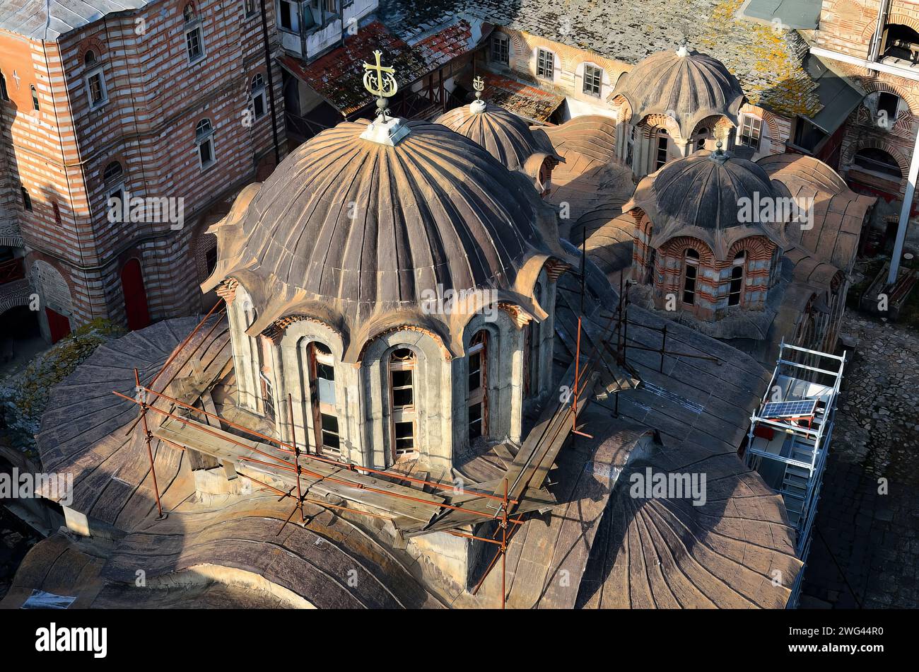 Aerial view of the Hilandar monastery, Mount Athos, Greece Stock Photo ...