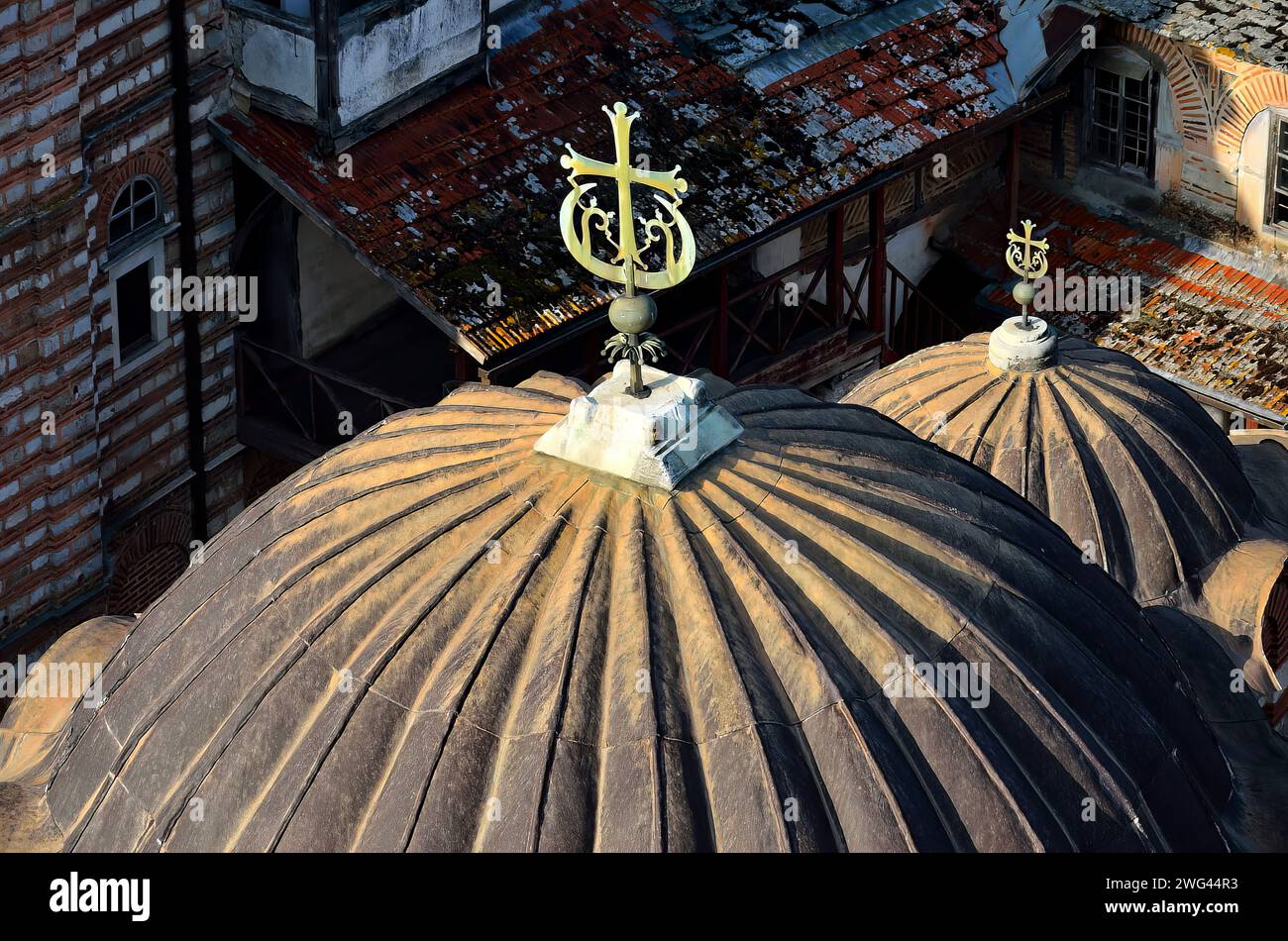 Aerial view of the Hilandar monastery, Mount Athos, Greece Stock Photo ...
