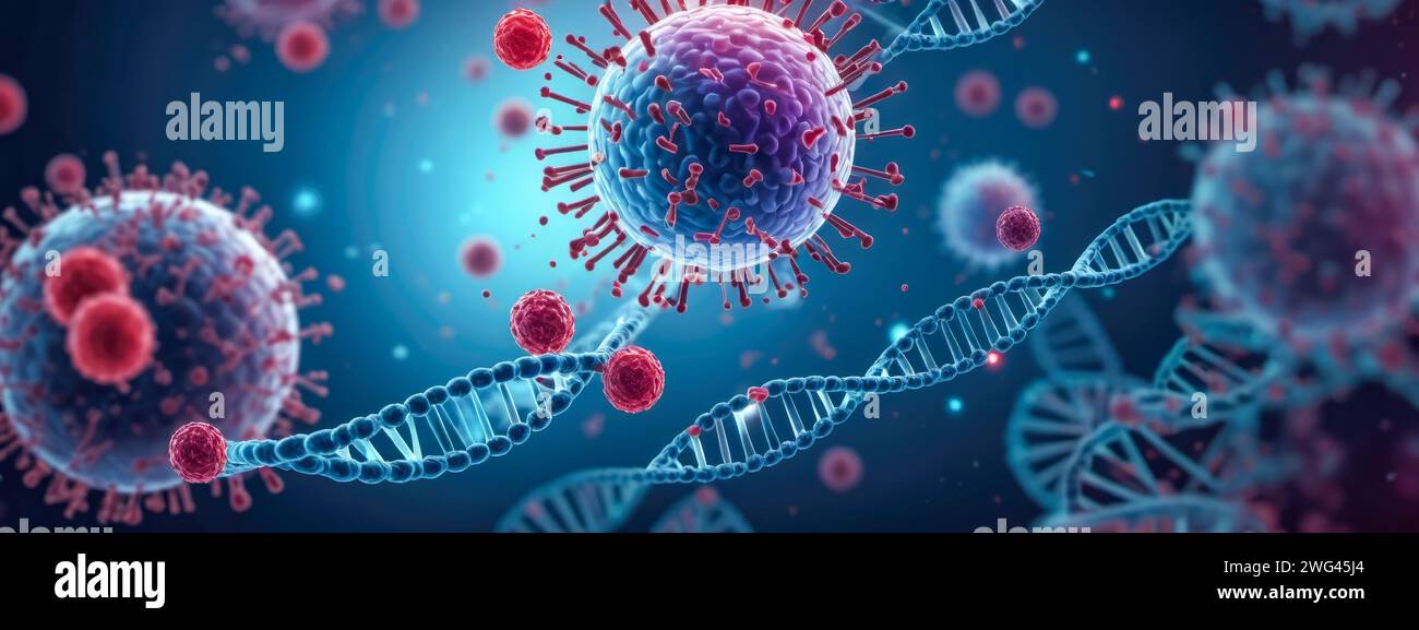 human DNA strands intertwined with various cells, bacteria, and viruses ...