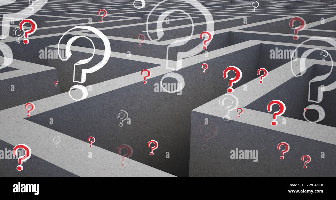 Image of white and red question marks moving over grey maze Stock Photo ...