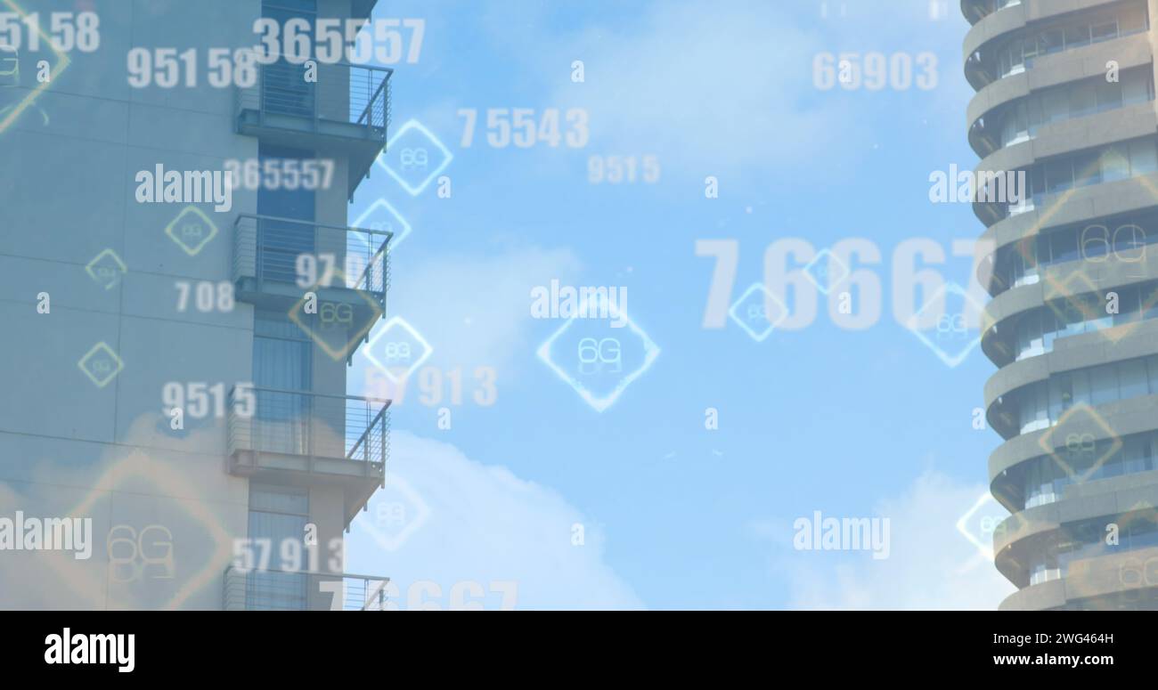 Image of numbers changing and 6g text over modern buildings Stock Photo ...