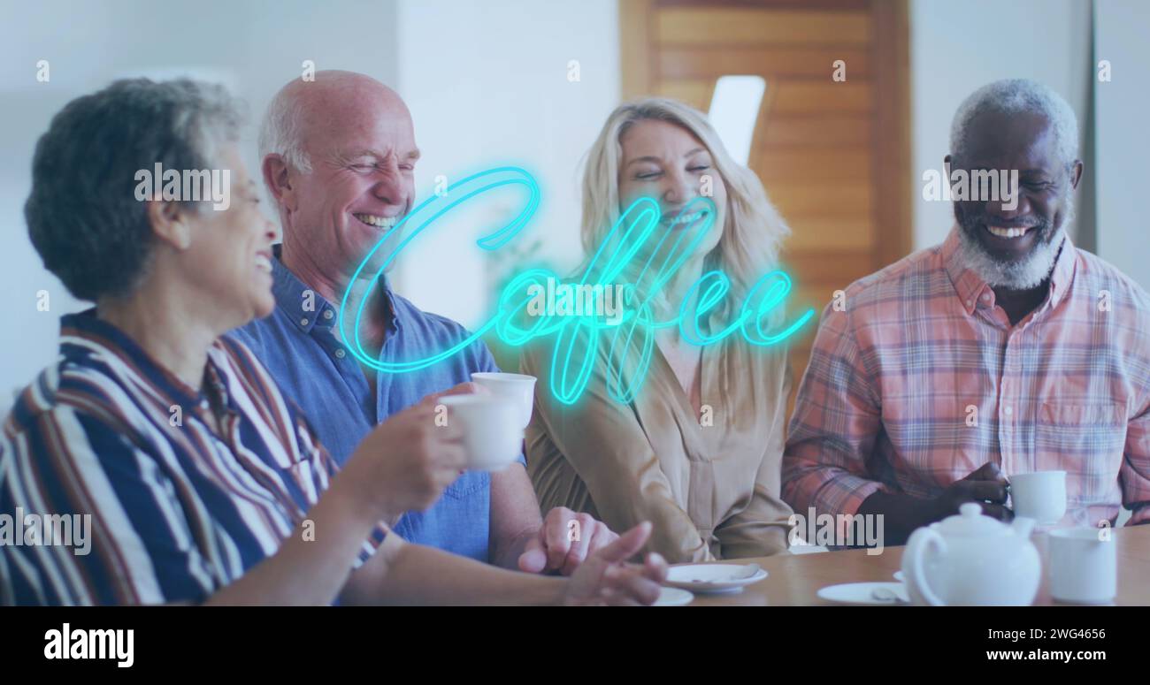 Image of coffee text over diverse group of seniors talking Stock Photo ...