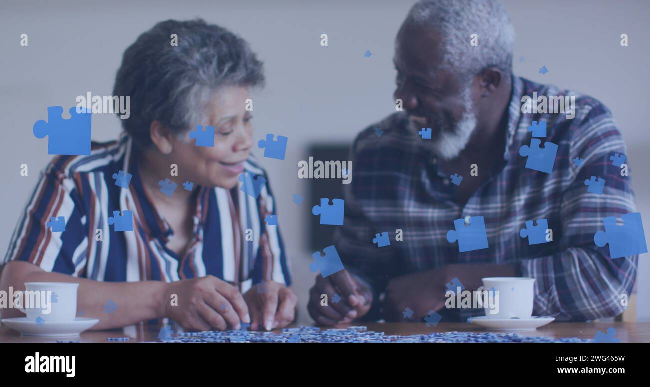 Image of puzzle over senior african american couple talking Stock Photo ...