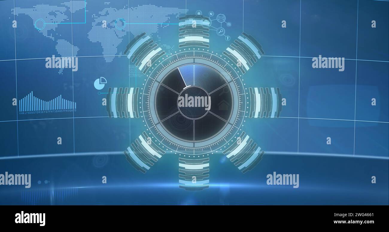 Image of scopes scanning and data processing over screen and world map on blue background Stock ...
