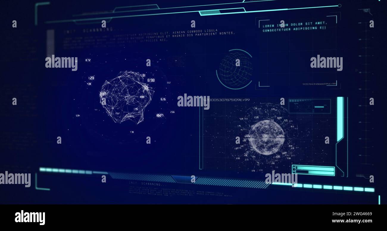 Image of globe, scope scanning and data processing over screen on blue background Stock Photo ...
