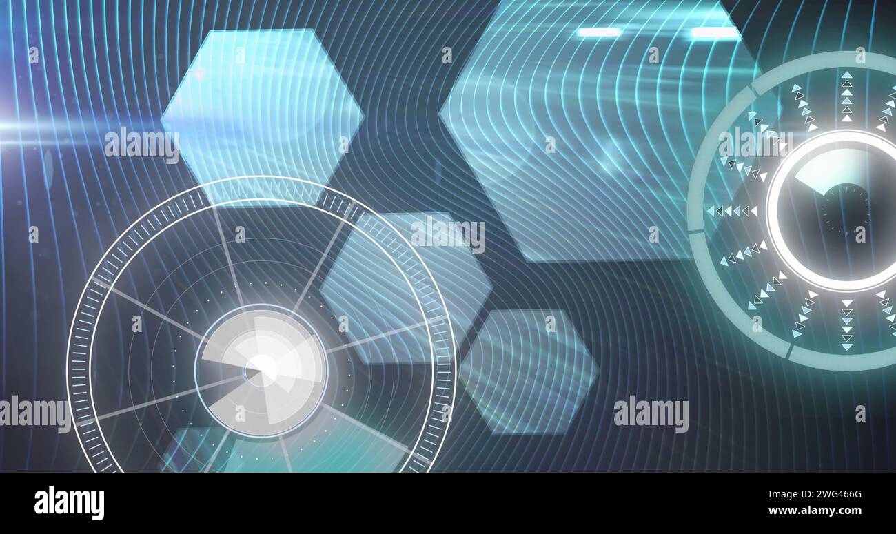 Image of scope scanning and data processing over digital hexagons screen Stock Photo - Alamy