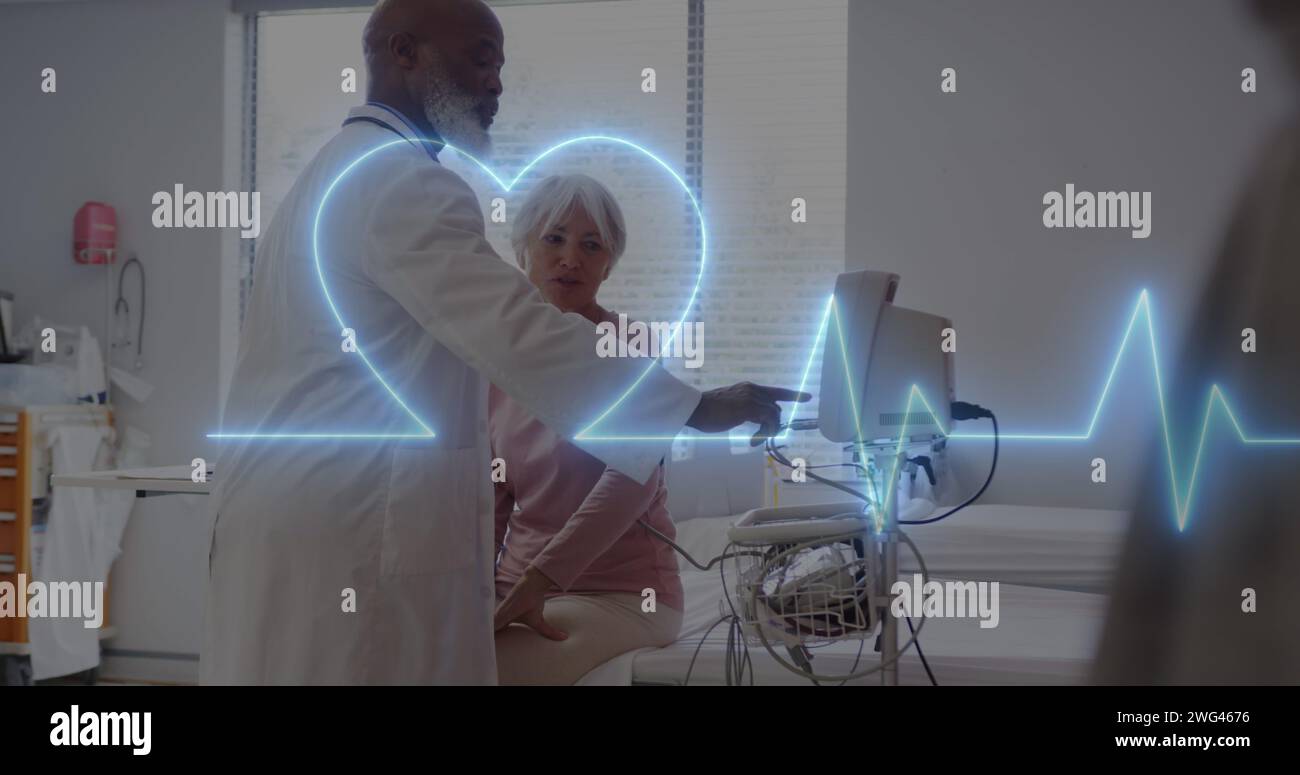 Image of heart beat monitor over african american male doctor with ...