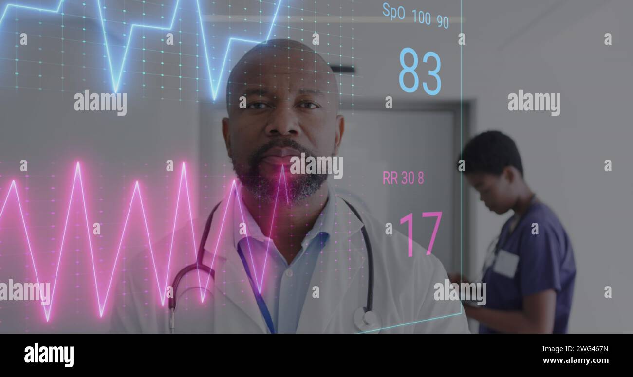 Image of heart beat monitor and data processing over african american ...