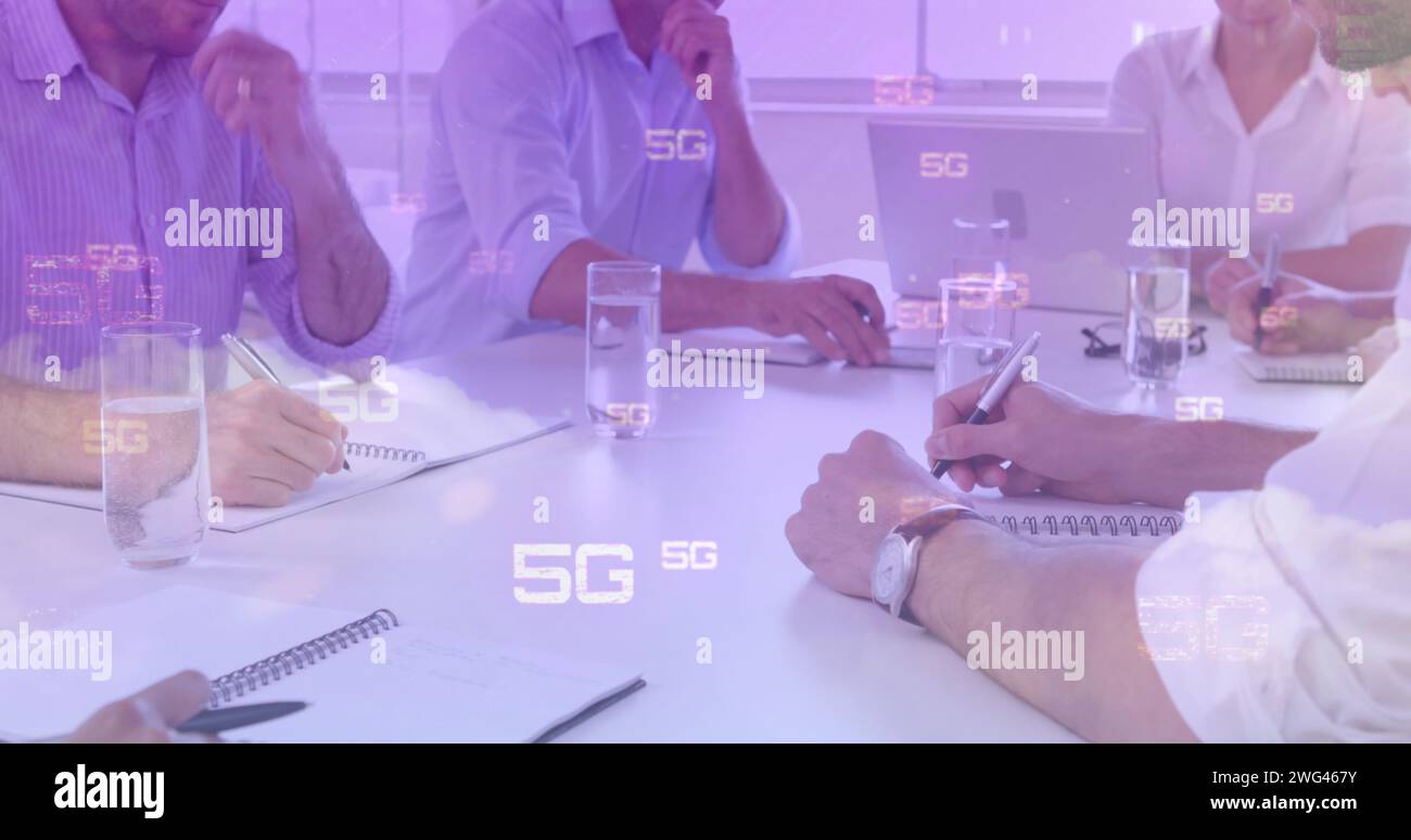 Image of 5g text, scopes scanning and data processing over businessmen in meeting Stock Photo ...