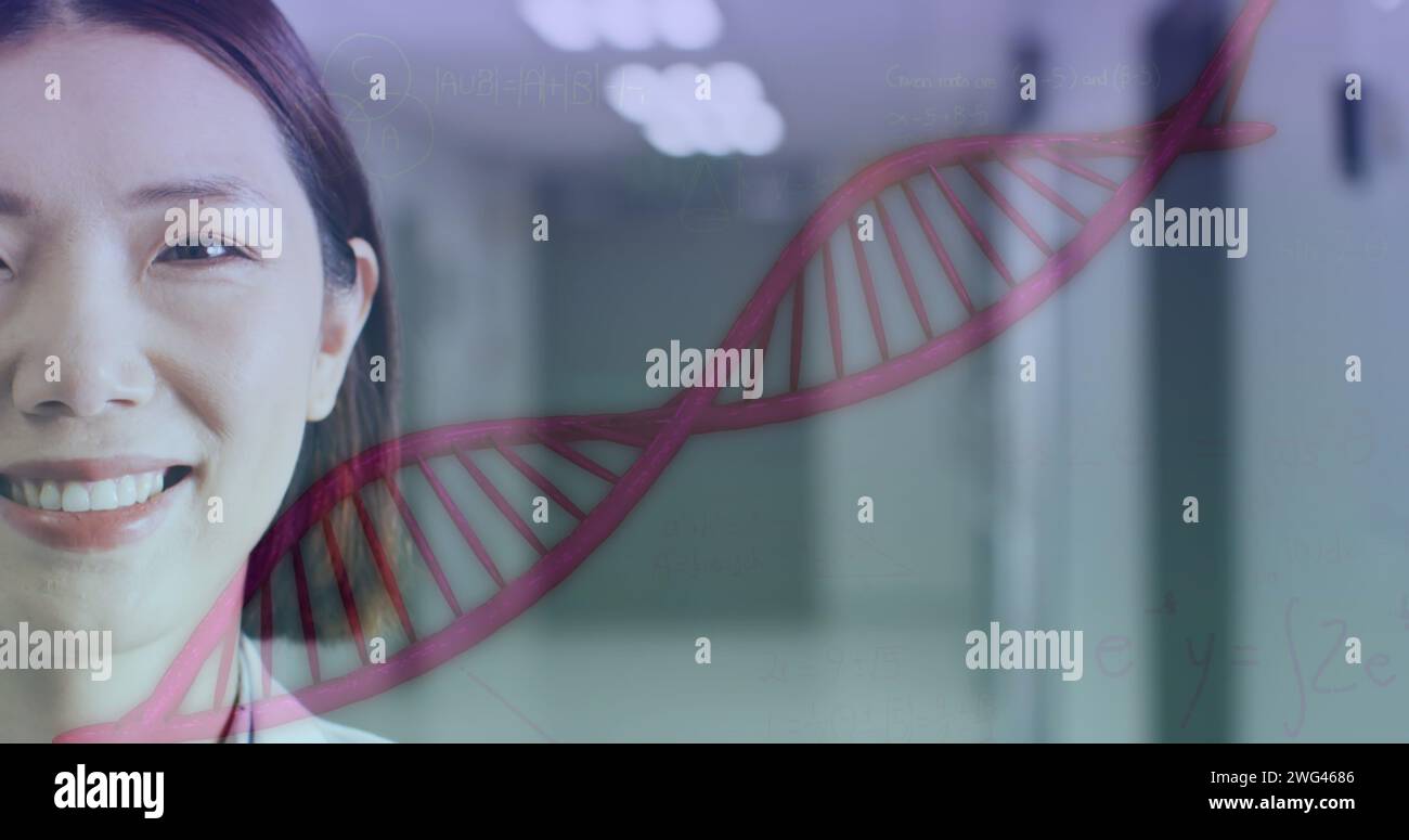 Image of dna strand over asian female doctor Stock Photo - Alamy